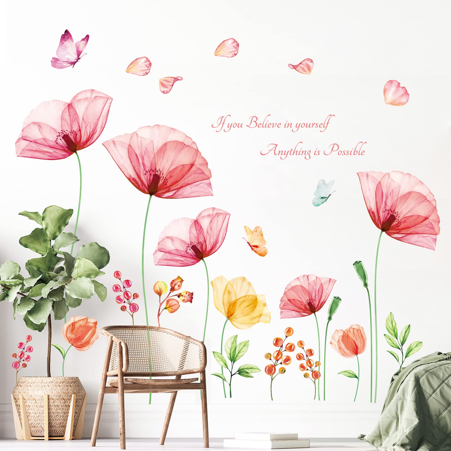 DECOWALL SG-2206 Light Pink X-ray Flowers Wall Stickers Decals Kids Peel and Stick Removable Nursery Room Floral Bedroom Living Peony Art décor Watercolor Butterfly Girls Decoration Rose Home DIY