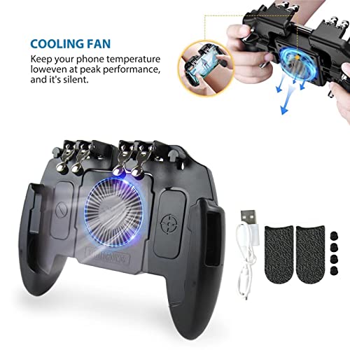 JRSHOME Mobile Game Controller with Cooling Fan/Phone Holder/Finger Sleeves for PUBG/Fortnite/Call of Duty, Mobile Triggers for 4.7β-6.5β iOS Android Phones