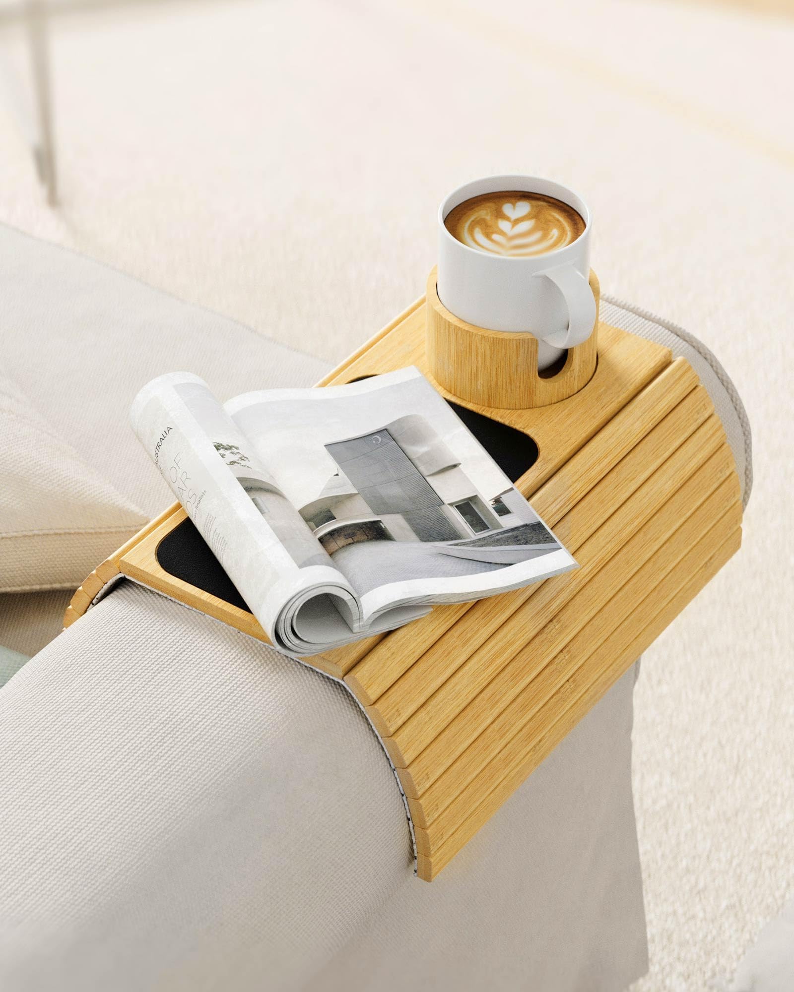 BS-VOG Couch Cup Holder, Bamboo Couch Arm Tray with 360° Rotating Drink Holder, Foldable Anti-slip Couch Arm Table, Sofa Armrest Tray Clip on Wide Couches for Eating, Snacks, Remote, No Installation