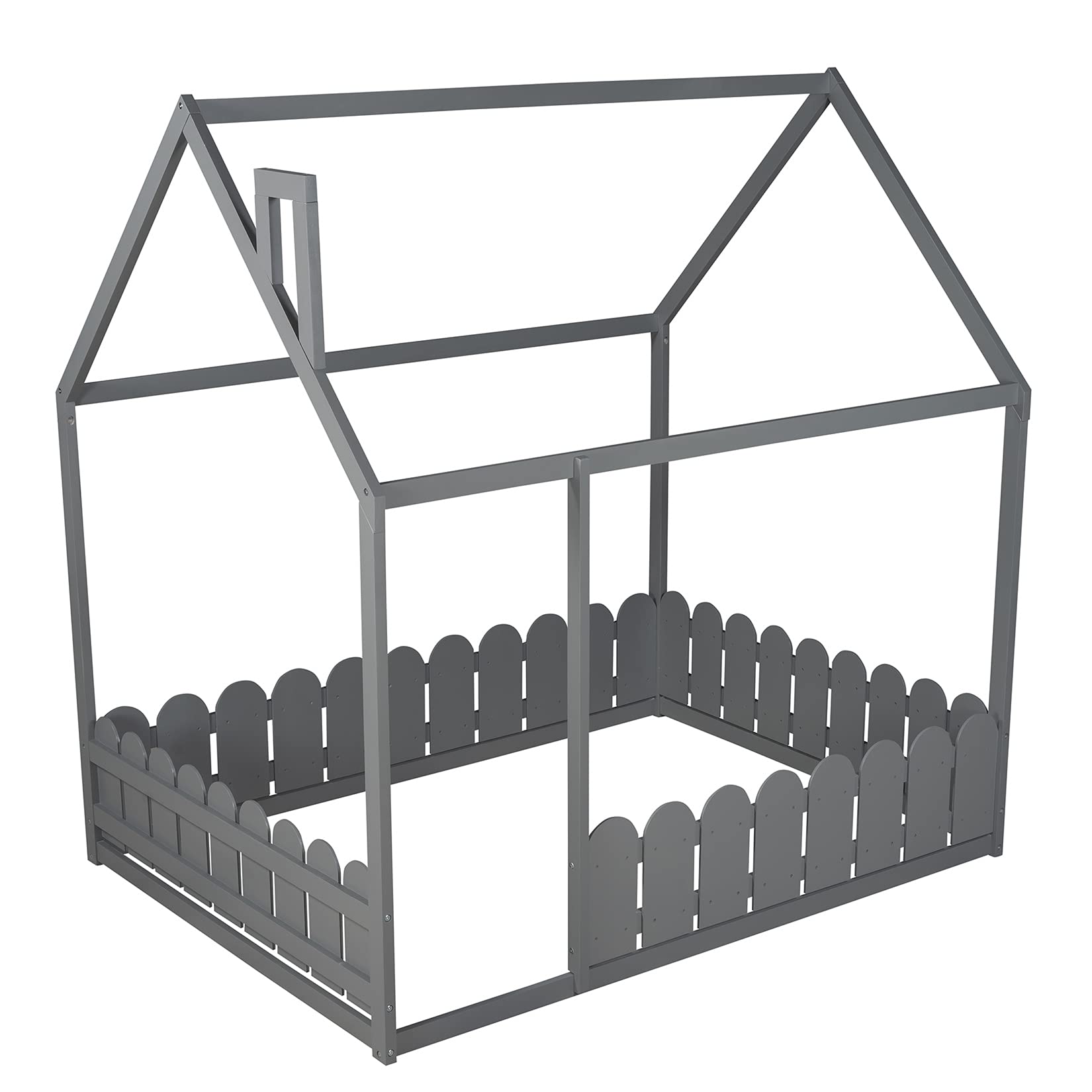 Kids House Beds, Full Floor Bed with Fence Wood Cabin Bed Frame Can be Decorated for Teens, Girls, Boys, Adults, Gray