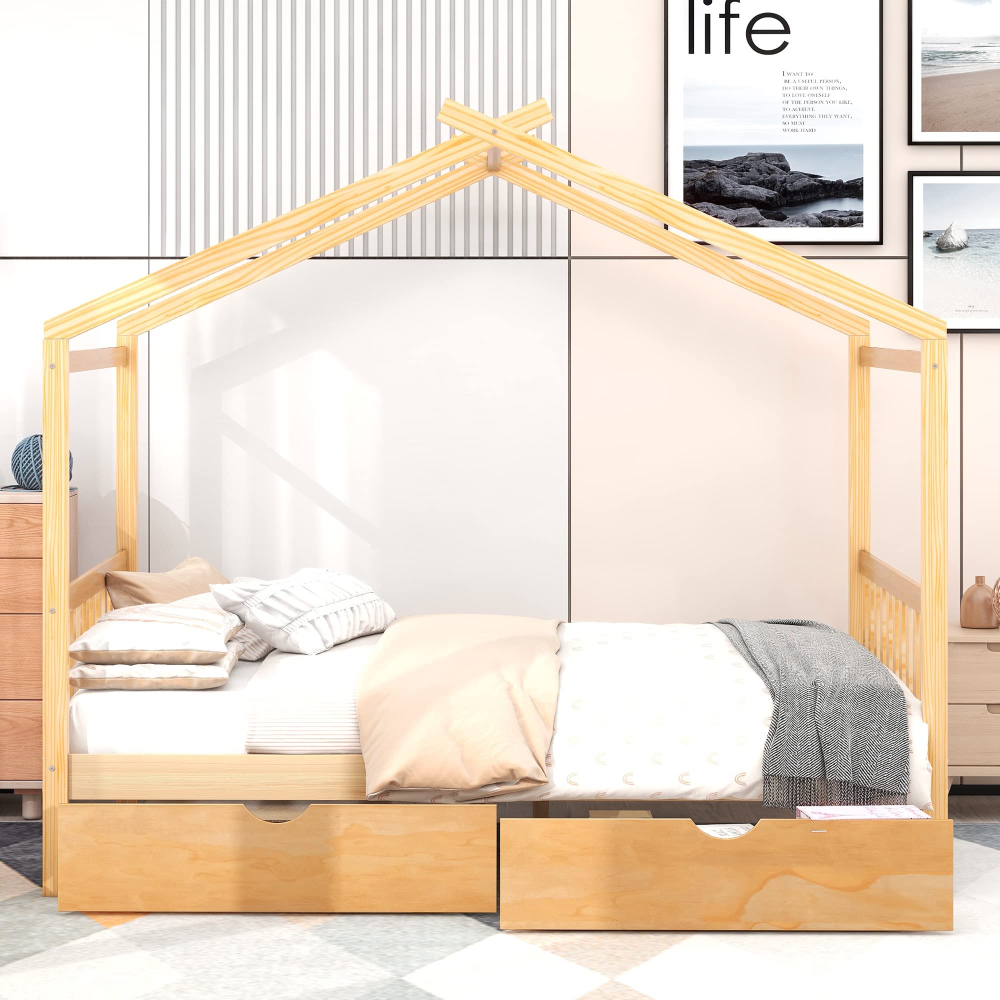Harper & Bright Designs Full Size House Bed for Kids, Montessori Bed, Wood Full Platform Bed Frame with 2 Storage Drawers, Headboard and Footboard, Full Storage Bed for Kids, Girls & Boys, Natural