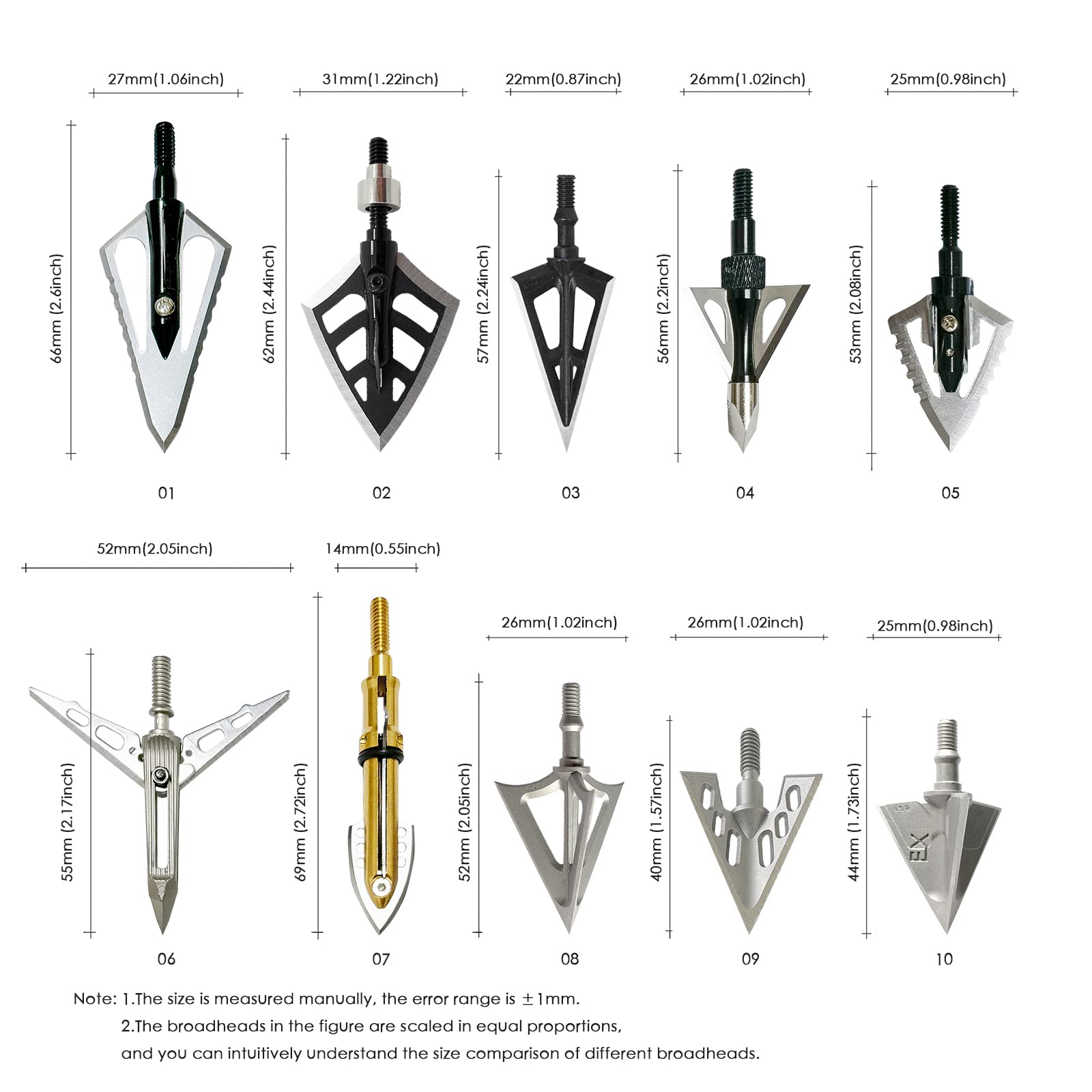 Diolili 10 Different Archery Broadheads for Practice and Hunting, Suitable for Compound Bows Recurve Bows
