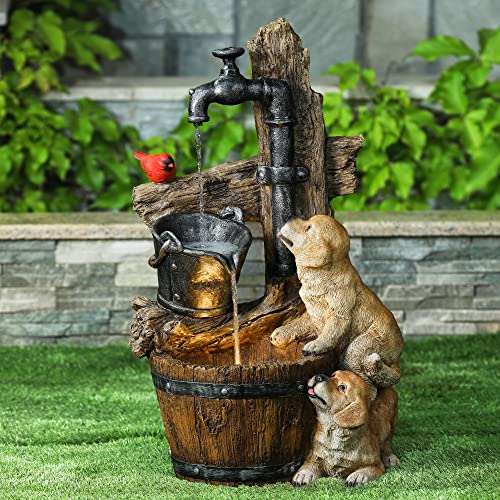 LuxenHome Water Fountain Outdoor, 3 Tiered Puppies and Water Pump Resin Outdoor Fountains and Waterfalls, Water Fountains with LED Light, 30 inch Brown/Yellow, Farmhouse Garden Water fountains outdoor