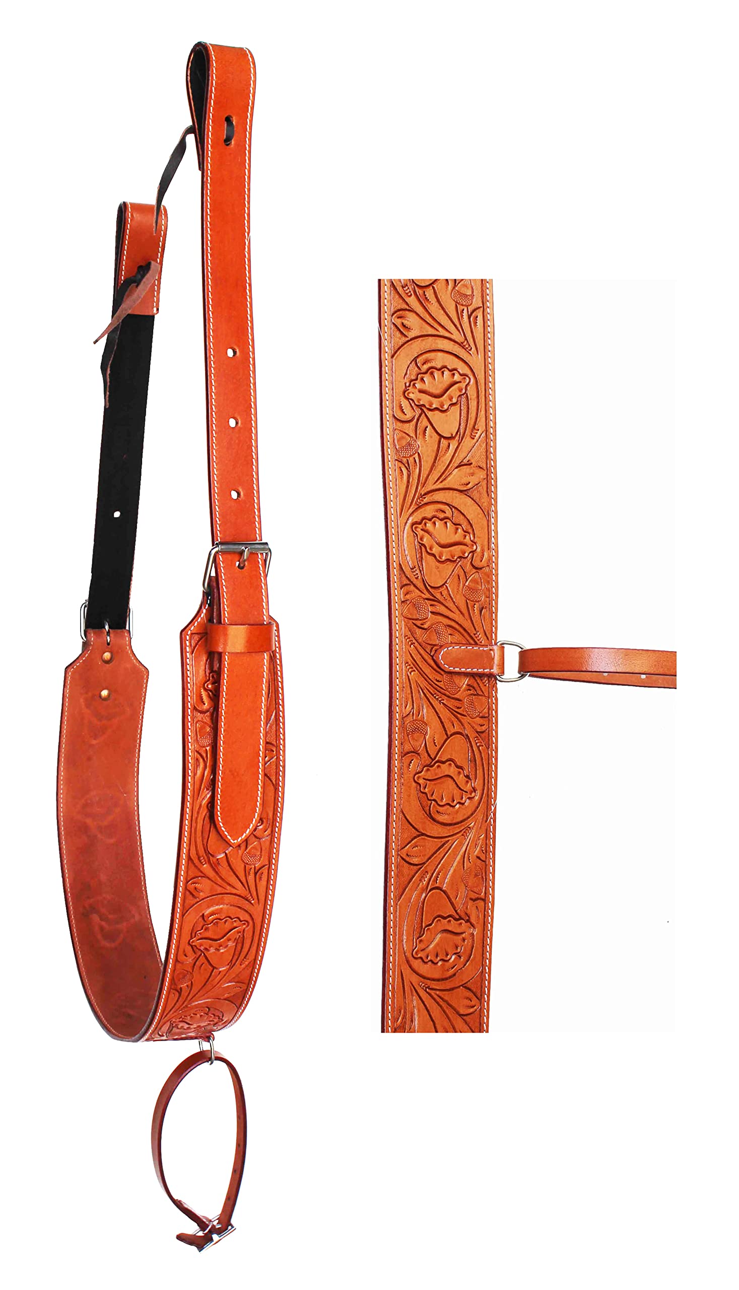 CHALLENGER Horse Handcrafted 3" Wide Floral Tooled Oiled Tan Leather Rear Flank Saddle Cinch Girth with Billets 97120TN