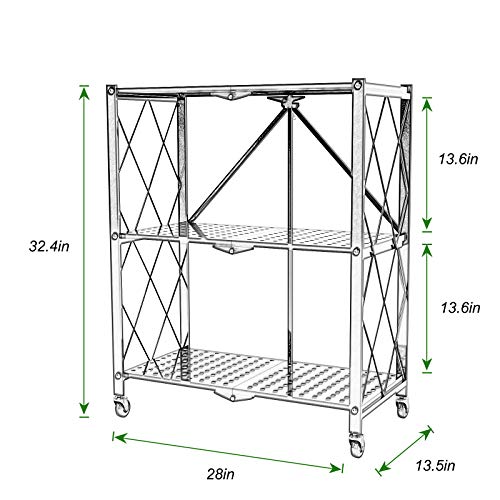 SogeHome 3-Tier Foldable Storage Shelf, Movable Metal Rack Cart, Home Display Shelf with Rolling Wheels for Kitchen, Living-Room, Bathroom, Bedroom, White