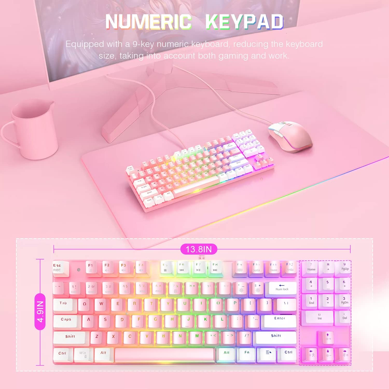 EXHNLE RGB Gaming Keyboard and Mouse Combo,87 Keys Gaming Keyboard Wired RGB Backlit Gaming Keyboard USB Backlit Keyboard, for Laptop PC Computer Game and Work (Color : White)