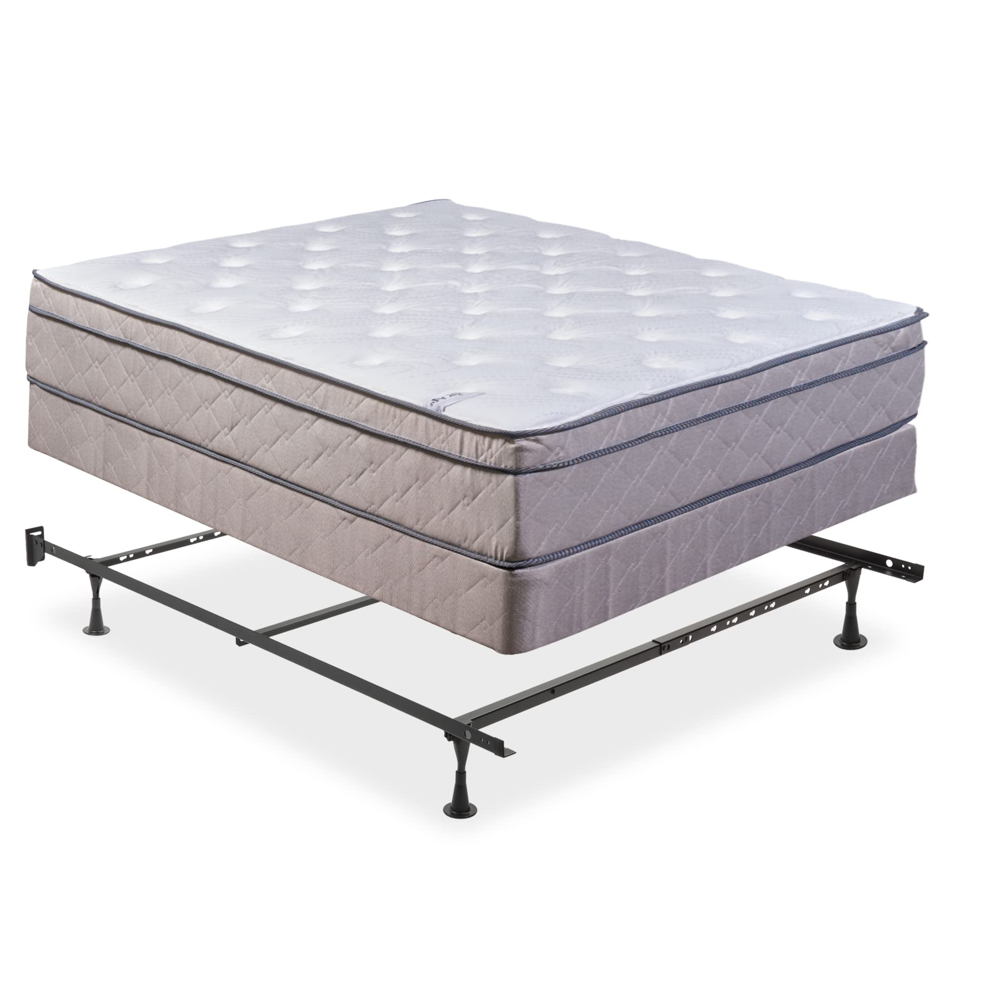 Greaton 13 Innerspring Eurotop Mattress and 4-inch Split Box Spring/Foundation Set with Frame No Assembly Required, Full XL, 53x79