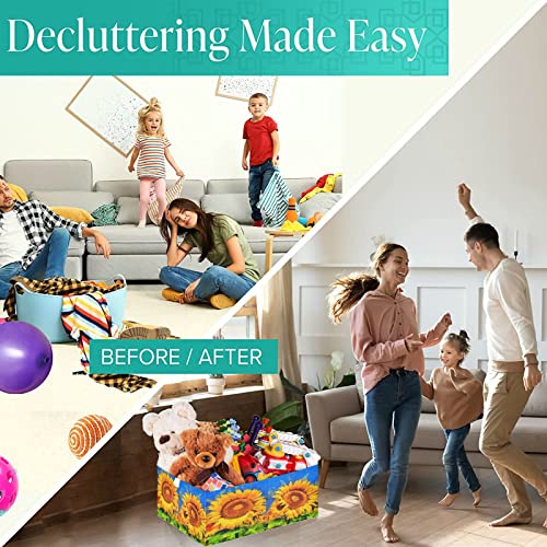 visesunny Closet Baskets Sunflowers Oil Painting Storage Bins Fabric Baskets for Organizing Shelves Foldable Storage Cube Bins for Clothes, Toys, Baby Toiletry, Office Supply