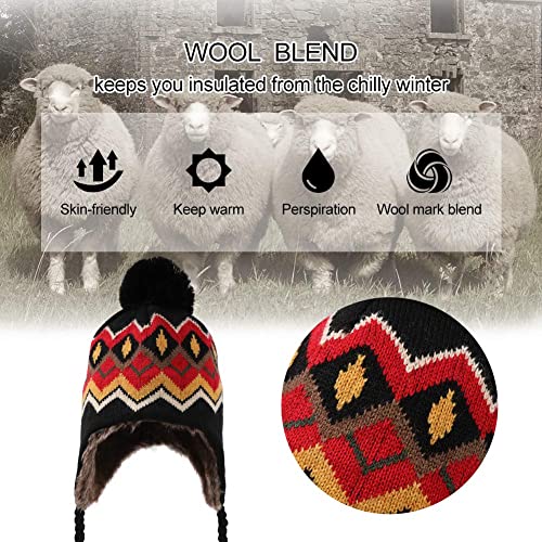 Comhats Winter Thick Peruvian Beanie Hat for Women Girl Wool Warm Ski Earflap Pompom Fur Skull Cap Red