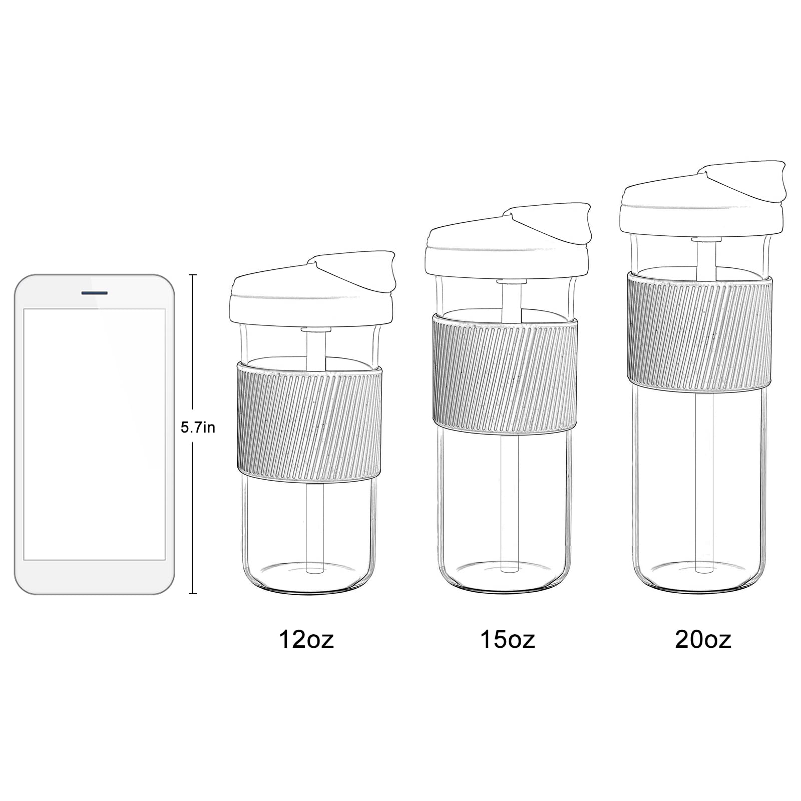 COMI Glass Travel Coffee Tumbler, Smoothie Cup Travel Dual-use Glass Coffee Cups with Lids Coffee Travel Cup with straw - 12 oz - Ash Grey