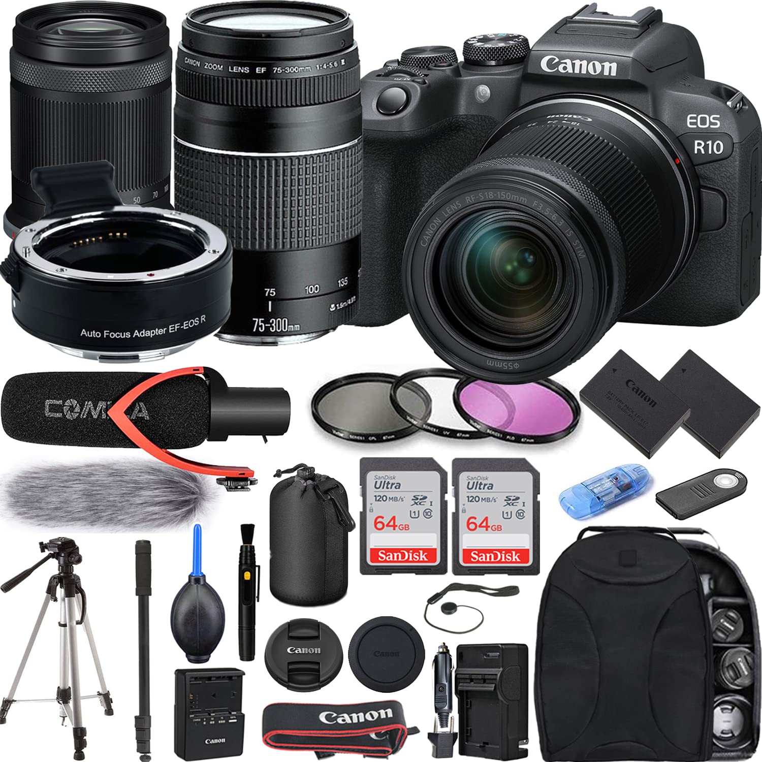 Camera Bundle for Canon EOS R10 Mirrorless Camera with RF-S 18-150mm f/3.5-6.3 is STM, EF 75-300mm f/4-5.6 III Lens, EF-EOS R Lens Adapter + Extra Battery, Pro Microphone + Accessories Kit (Renewed)