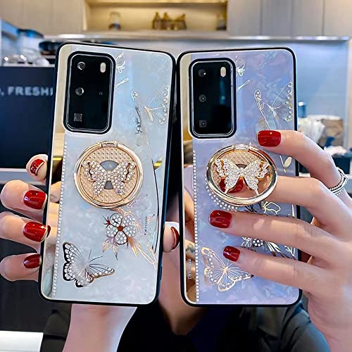for Samsung Galaxy S21 FE Case for Women with Ring Stand,Glitter Sparkle Pearl Back Cute Butterfly Floral Design,Soft TPU Bumper Bling Diamond Mirror Strip Girly Phone Case for Samsung S21 Fe Pink
