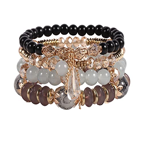 Solosoya Bohemian Stackable Bracelets Set for Women Multipack Multilayer Girls Elastic Rope Boho Colorful Stack Beads Bright Beaded Bracelets with Clear Vertebral Pendant Handmade Ladies Stretch Jewelry Accessories 6 Pack
