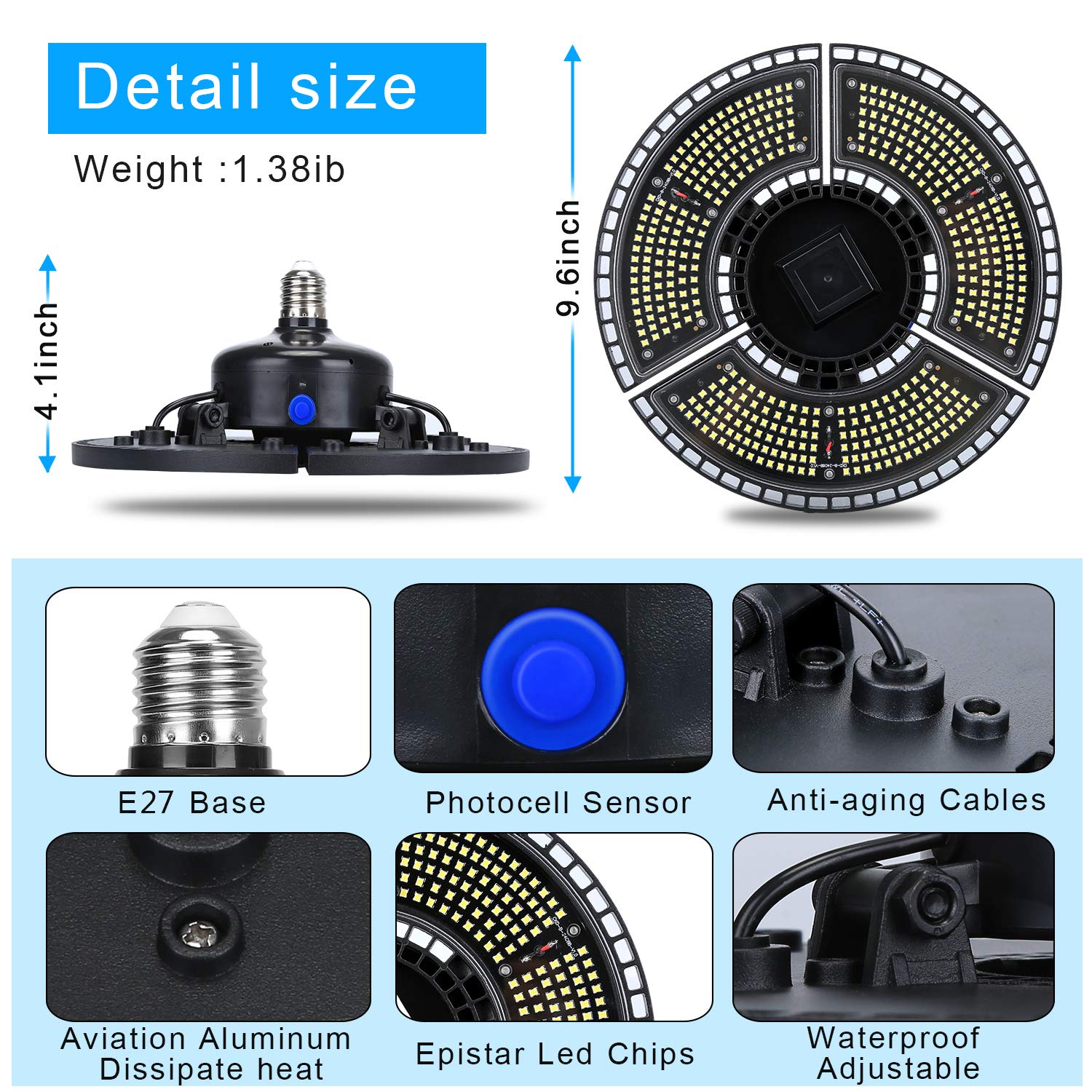 CEGAR LED Garage Lights, 100W Adjustable LED Garage Ceiling Light, 12000Lumens LED Garage Ceiling Light, IP65 Waterproof 6000k Cool Light with High Bright Garage Light for Garage, Warehouse