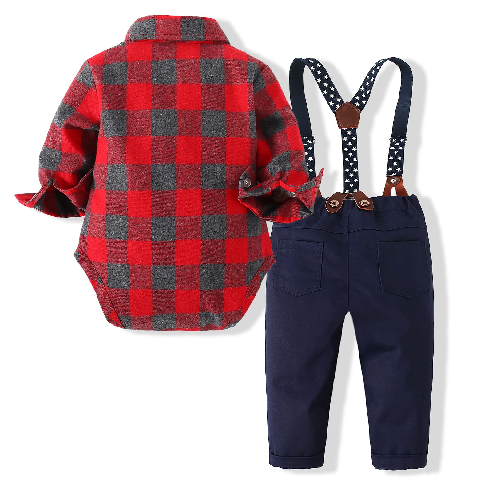Kimocat Baby Boys Gentleman Outfits Suits Long Sleeve Shirt Suspenders Pants Bow Tie Clothes Set (Red plaid, 18-24 Months)