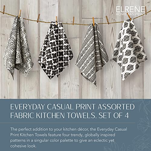 Elrene Home Fashions Everyday Casual Prints Assorted Kitchen Towels, Cotton Dish Towels, 17 Inches by 28 Inches, Black, Set of 4