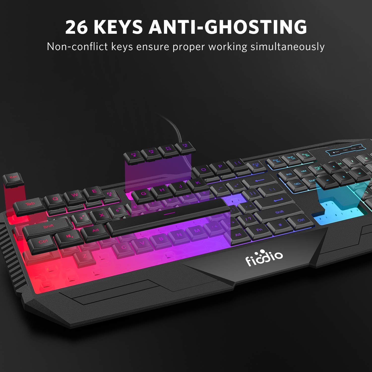 Fiodio Rainbow Wired Gaming Computer Keyboard and Mouse Combo, Ergonomic Keyboards with Wrist Rest, 104 Multimedia Keys, 1600 DPI Gamer Mouse for Windows PC and Desktop