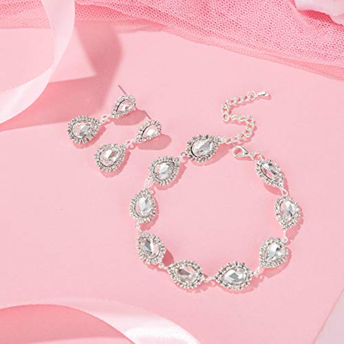 Paxuan Womens Teardrop White Champagne Crystal Wedding Bridal Jewelry Set Teardrop Pendant Necklace Drop Dangle Earrings Set (Silver Plated White Crystal Bracelet + Earrings)