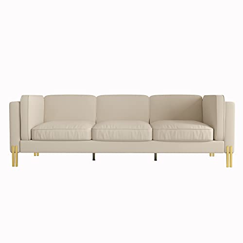 Lostcat Velvet Sofa Couch Mid Century Modern Upholstered 3-Seater Loveseat with Armrest and Stainless Steel Legs for Living Room, Apartment and Small Space, Beige