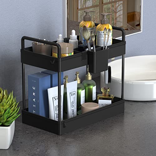 SOLEJAZZ Under Sink Organizer and Storage, 2 Tier Under Cabinet Basket Organizer, Multi-purpose Under Sink Storage Shelf for Bathroom Kitchen, Cabinet Storage with Hooks and Hanging Cups, Black,3 Pack