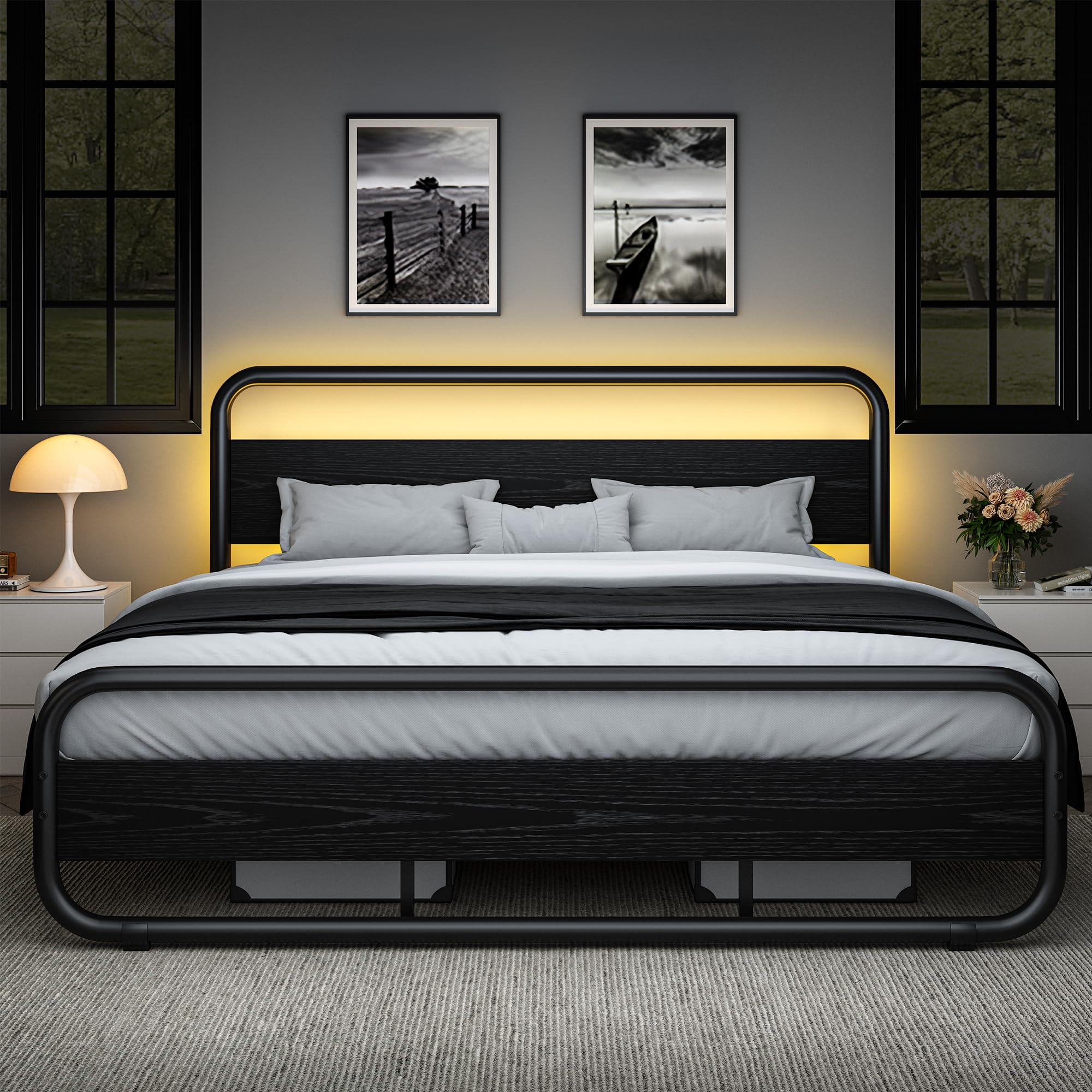 Catrimown King Size Bed Frame, Metal King Bed Frame with LED Headboard, Rustic Industrial Heavy Duty Wooden Platform Bed Frame with Under Bed Storage, Noise Free, No Box Spring Needed, Black