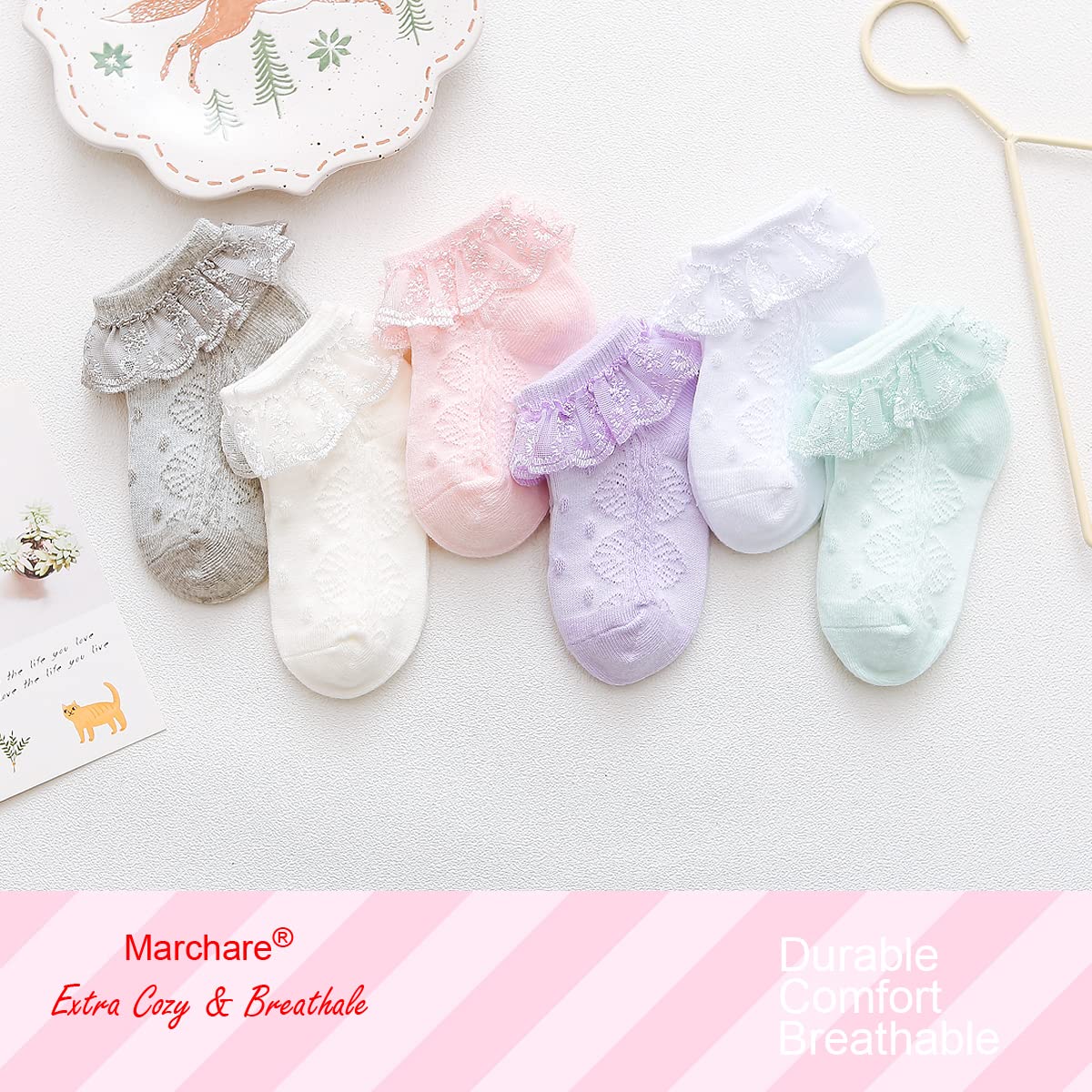 Marchare Baby Lace Socks 3 Pack Infant Baby Girls' Ruffle Frilly Socks Eyelet Princess Cotton Socks,White 6-12 Months