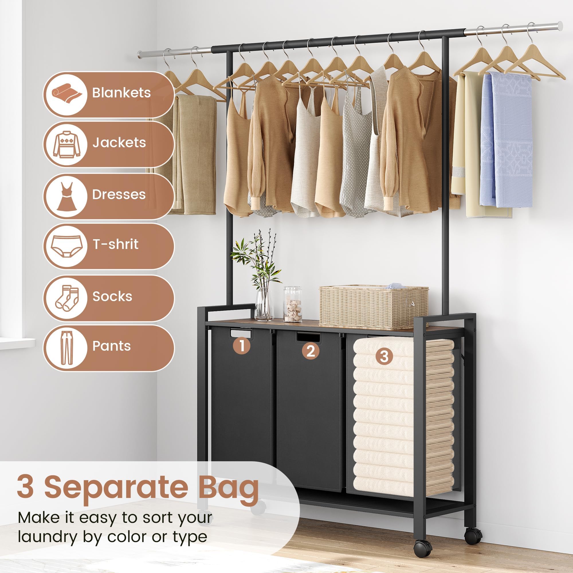 IDEALHOUSE Laundry Sorter, Rolling Laundry Hamper with Hanging Rack, Laundry Hamper 3-Section with Wheels, Hampers for Laundry, Laundry Basket Organizer for Laundry Room, Rustic Brown