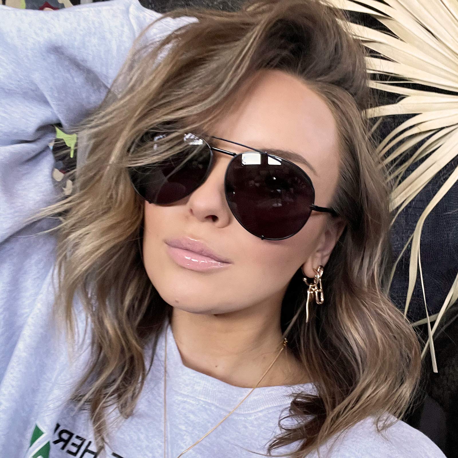 DIFF Koko Designer Oversized Aviator Sunglasses for Women UV 400 Protection, Black + Grey