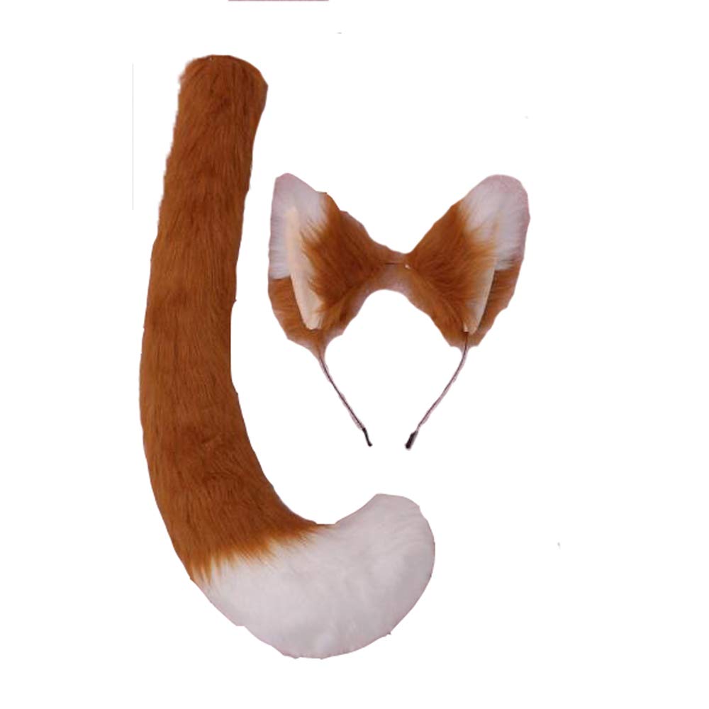 BSTANG Anime Party Cat Cosplay Costume Cat Ears Tail 19.7'' Fox Tail Cos Children Gift (Tan White Tail Hairband Set)