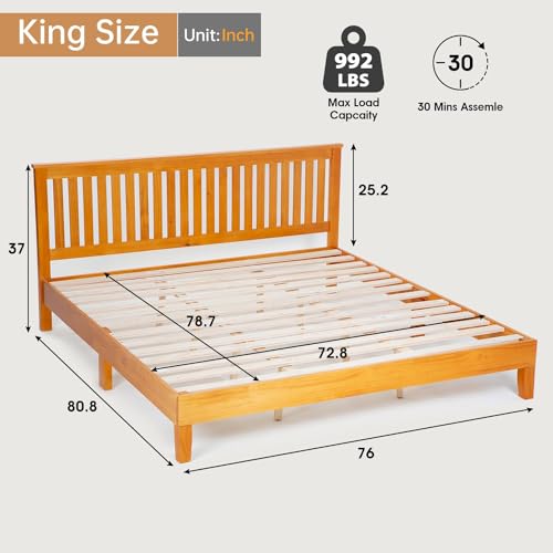 BORGEBY Wood Platform Bed Frame with Wood Headboard, Wooden Bed Frames,King Bed Frame Wood Slats Support, Solid Wood Foundation, No Box Spring Needed, Easy Assembly, Brown