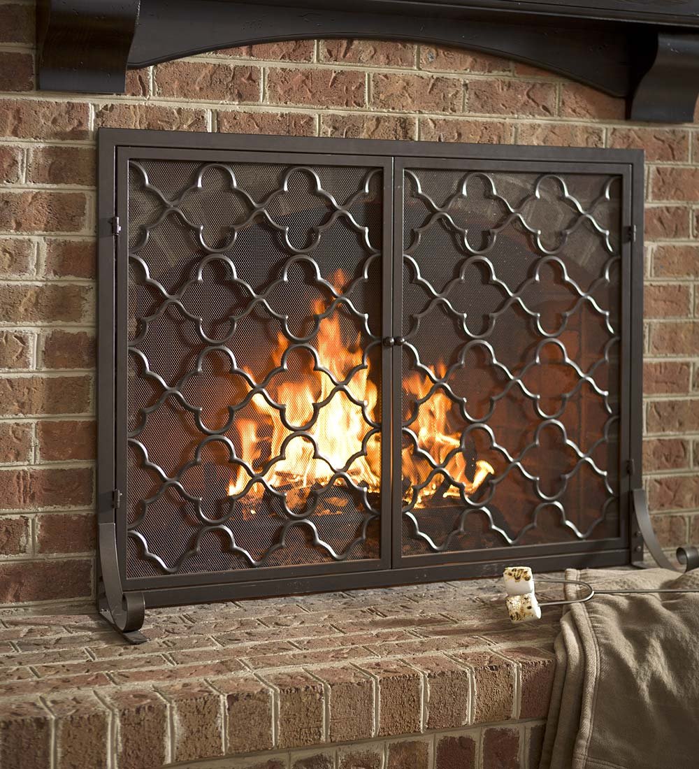 Plow & Hearth Metal Fireplace Screen Geometric Bronze | 44" W x 33" H | 2 - Door | Spark Guard Indoor Grate | Iron Fire Place Cover | Wood Burning Stove Decorative Accessories