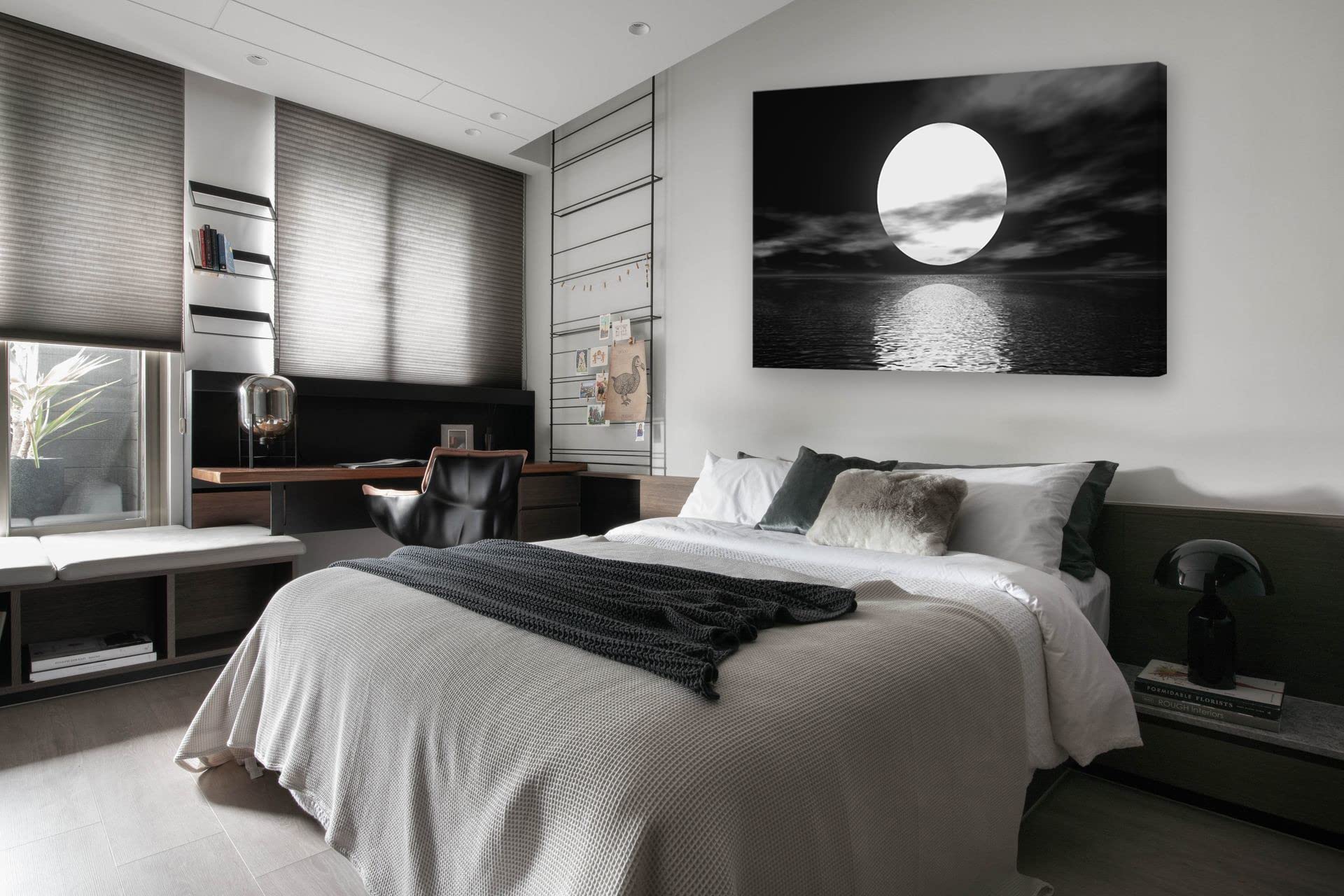 Cao Gen Decor Art S06481 Wall Art Canvas Sea White Full Moon in Night Picture Canvas Poster Print Black and White Ocean for Living Room Bedroom Kitchen Home Decorations Framed Artwork