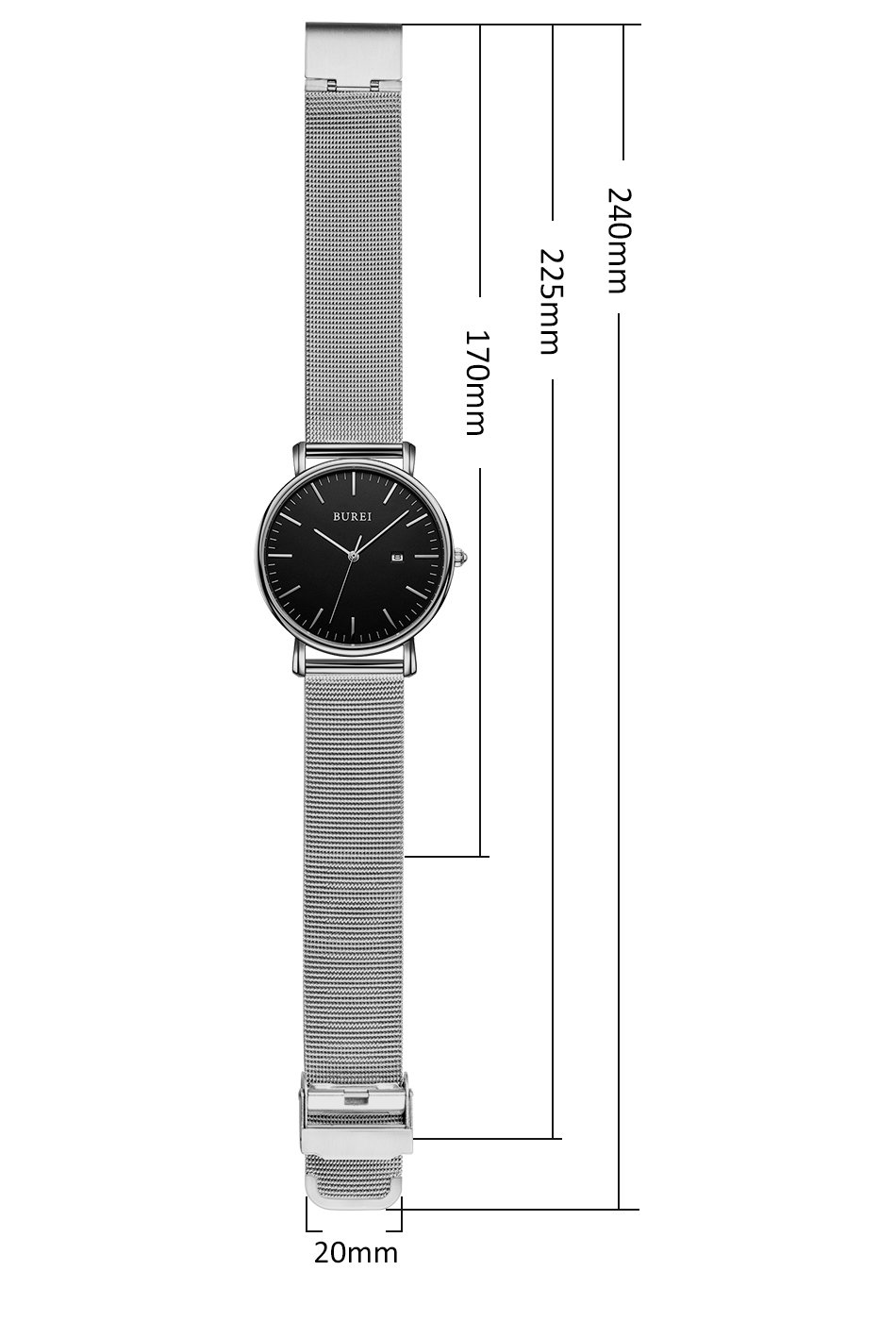 BUREI Men Black Dial Silver Mesh Band Watches Minimalist Analog Quartz Watches for Men Gifts for Men