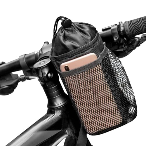 Caudblor Bike Water Bottle Holder Bag for Kid Adult, Insulated Bicycle Coffee Cup Holders with Phone Storage, Black Handlebar Drink/Beverage Container for Walker/Cruiser/Exercise/Mountain Bike
