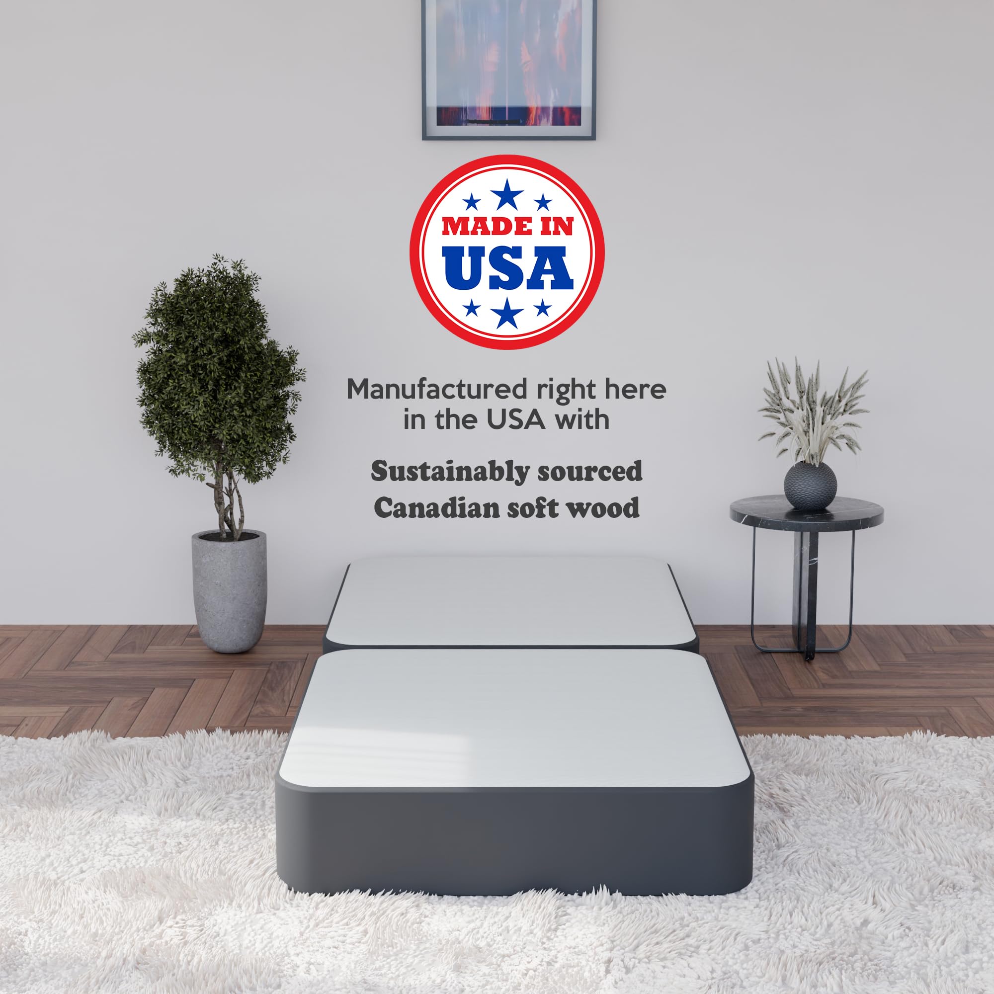 Greaton, 4-Inch Sturdy Box Spring for Mattress Support-Durable and Fully Assembled, Natural Wood Foundation for Twin XL, Black