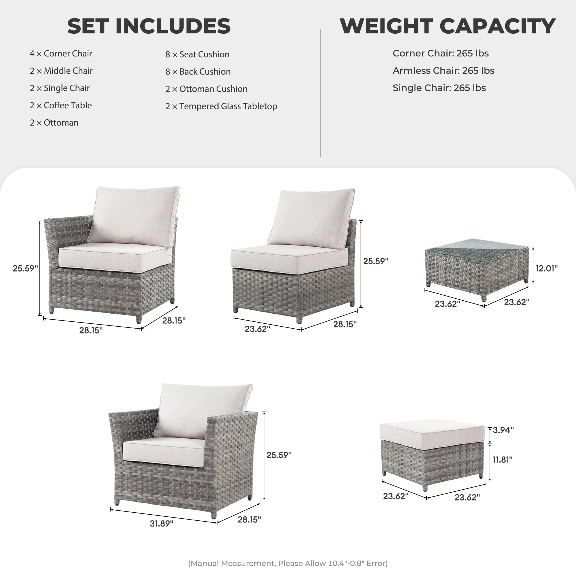 CAODOC 10 Pieces Patio Furniture Conversation Sofa Set with 42" Fire Pit Table Rocking Chair,Outdoor Sectional Gray Rattan Wicker Sofa Set