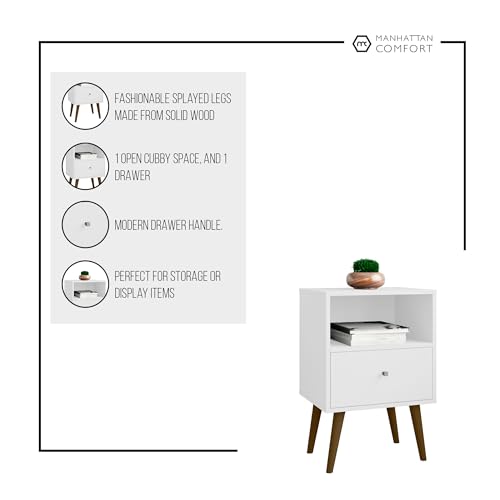 Manhattan Comfort Liberty Mid Century Modern Nightstand with Drawer and Cubby, Bedside Table for Bedroom and Living Room, Night Stand Accent Decor, Easy Assembly, Brown/Brown