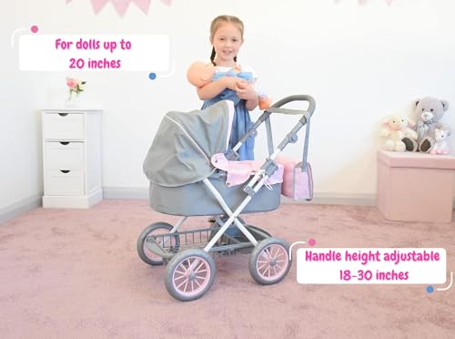 KOOKAMUNGA KIDS Baby Doll Stroller - Foldable Baby Stroller for Dolls - Play Stroller & Bassinet w/Retractable Canopy - Diaper Bag - Adjustable Soft Grip Handle - Ideal for 16” 18” & 20” Dolls