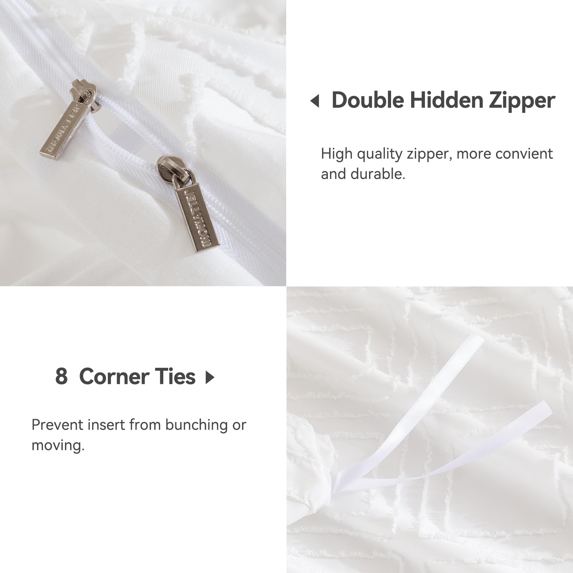 JELLYMONI Ultra-Soft Microfiber 3pc Tufted Duvet Cover Set, White Boho Textured Bedding Cover Jacquard Rhombus Geometric Pattern Reversible Comforter Cover with Zipper Closure & Corner Ties (Full)
