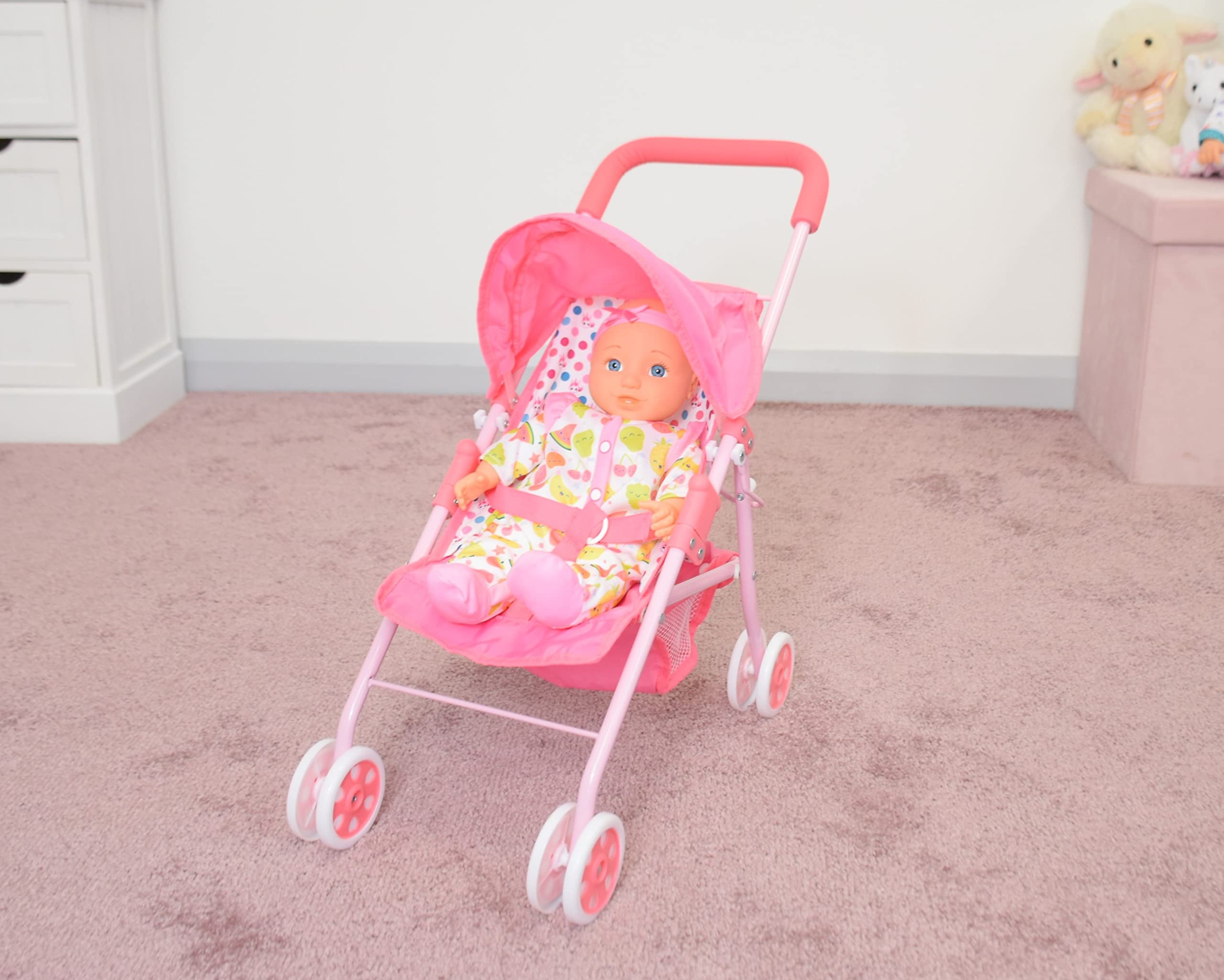 KOOKAMUNGA KIDS Baby Doll Stroller | Easy Fold Pram | with Retractable Canopy, Storage Basket, Doll Safety Harness and Comfort Grip Handlebar (Pink Unicorn)