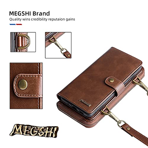 QIXIU for iPhone 12 Pro Max Wallet Case, Multi-Function Wallet Case, Detachable 3 in 1 Magnetic iPhone 12 Pro Max Case Wallet, Flip Strap Zipper Card Holder Phone Case with Shoulder Straps(Brown)