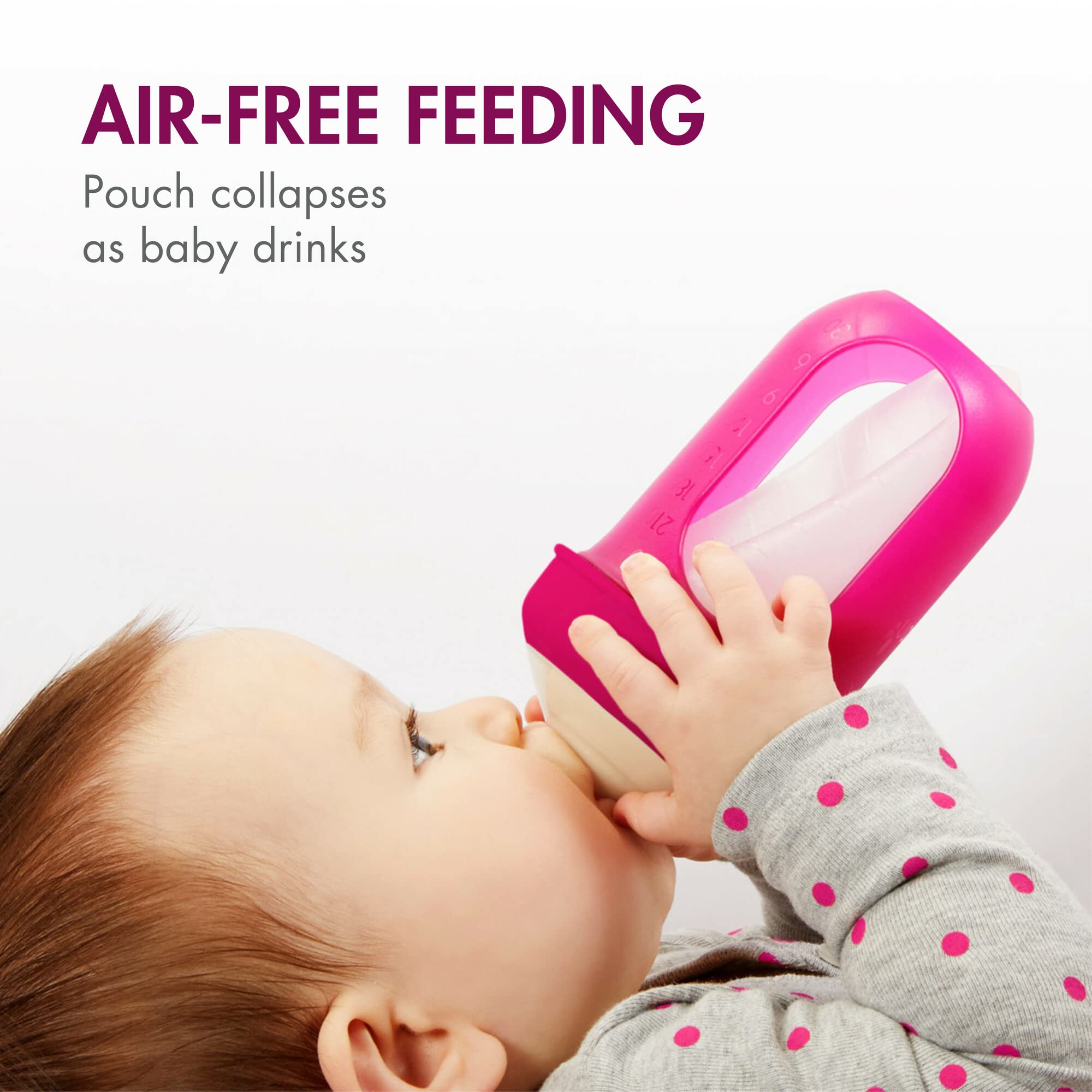 Boon Nursh Reusable Silicone Baby Bottles with Collapsible Silicone Pouch Design - Everyday Baby Essentials - Stage 2 Medium Flow Baby Bottles - Pink - 8 Oz - 3 Count