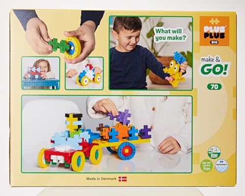 PLUS PLUS Big - Make & GO! - 70 Pieces - Construction Building Stem/Steam Toy, Interlocking Large Puzzle Blocks for Toddlers and Preschool