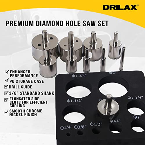 Drilax Diamond Hole Saw Set with Template Guide 0.25 to 2 inches 10 Pieces for Ceramic Porcelain Glass Tiles Quartz Granite Drilling 1/4, 3/8, 1/2 (0.5), 3/4, 1, 1 1/4, 1 3/8, 1 1/2, 1 3/4, 2 inches