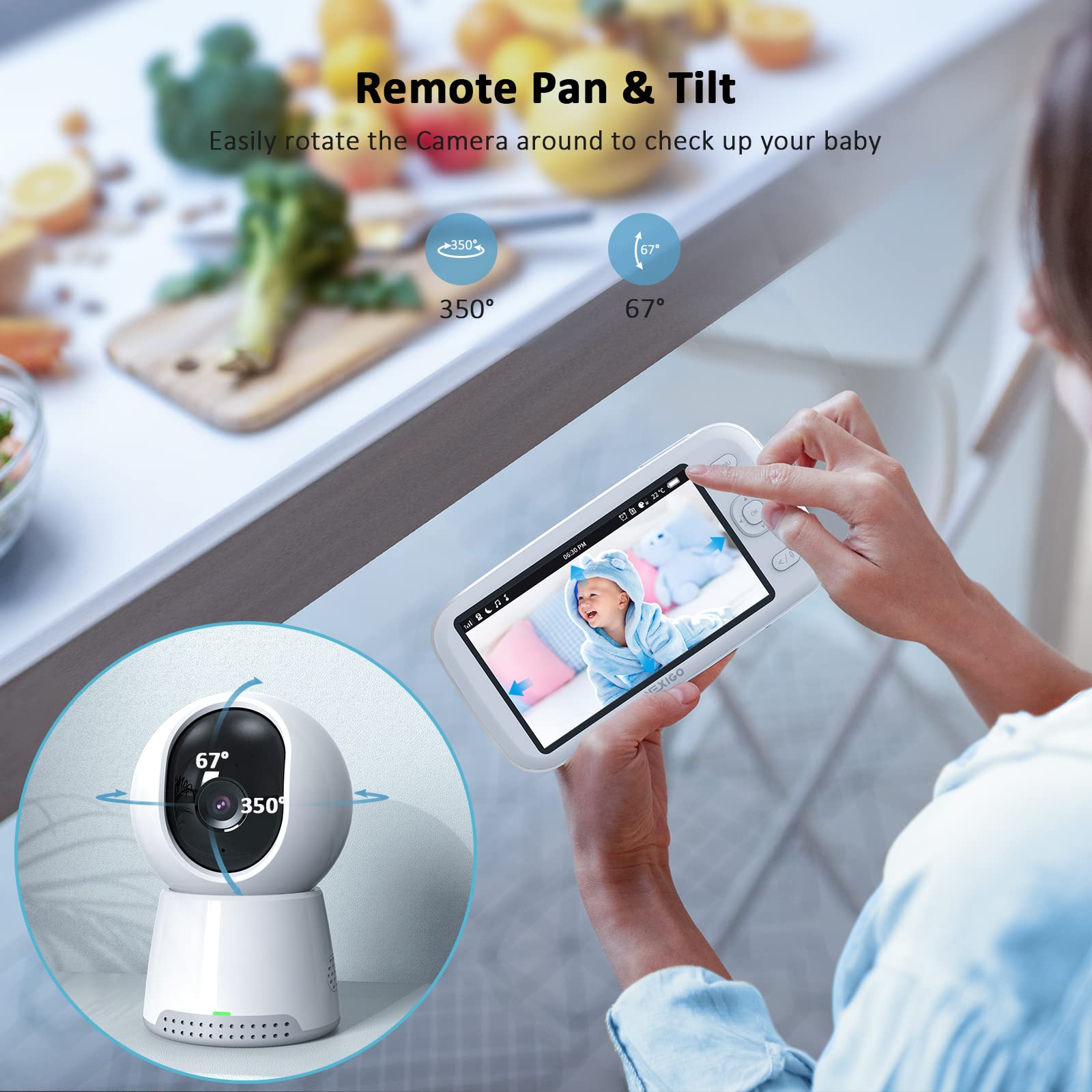 NexiGo Video Baby Monitor with Camera and Audio, 5 Inch Split IPS Screen, Support Up to 4 Cameras, 2-Way Audio, Pan-Tilt-Zoom, 4800mAh Battery, Temperature Detection, Night Vision, 2 Pack (White)