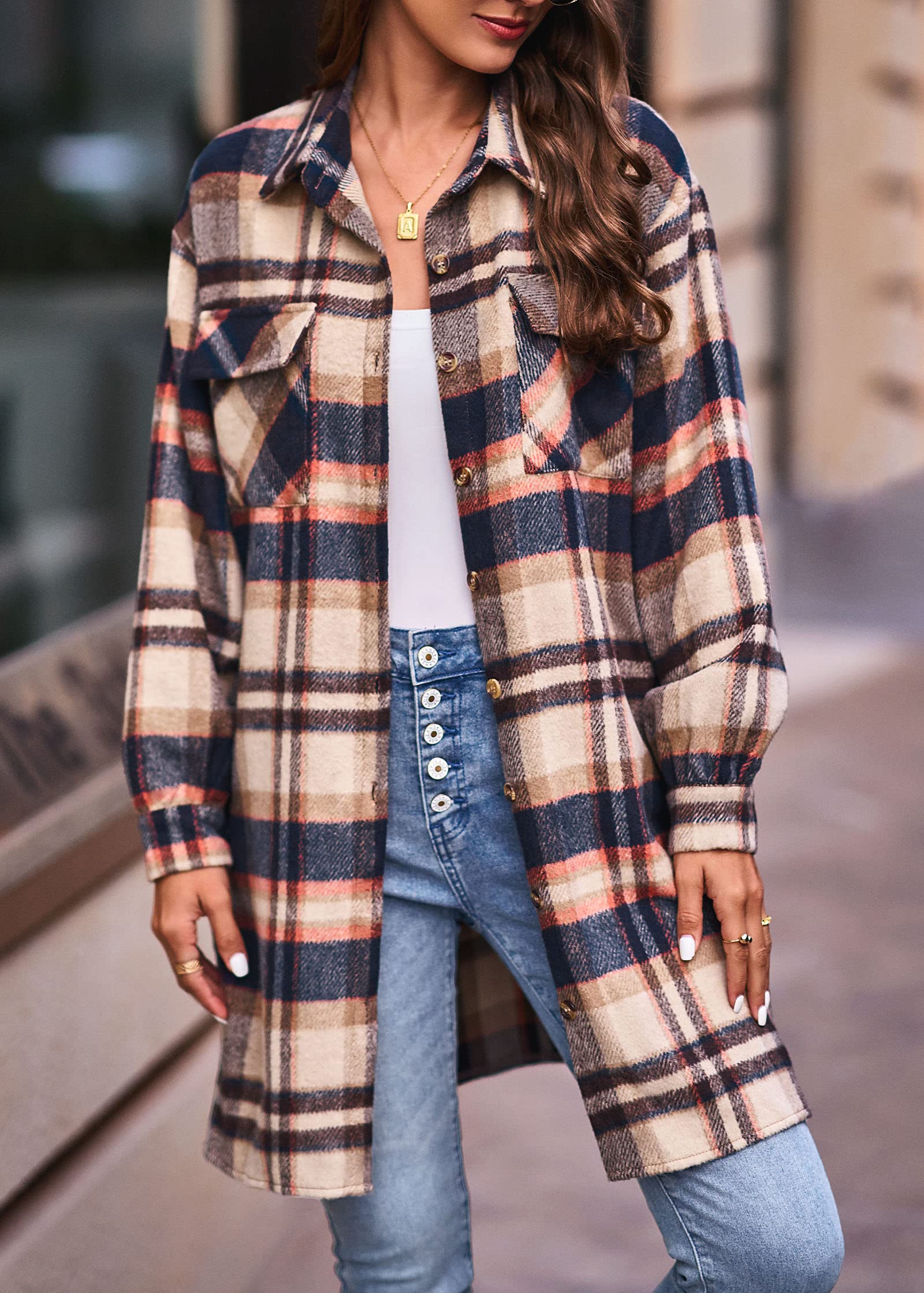 BTFBM Women's Corduroy Shacket Jacket Shirts Lapel Long Sleeve Oversized 2023 Fall Winter Button Down Shirt Dress Pocket(Plaid Orange, Small)