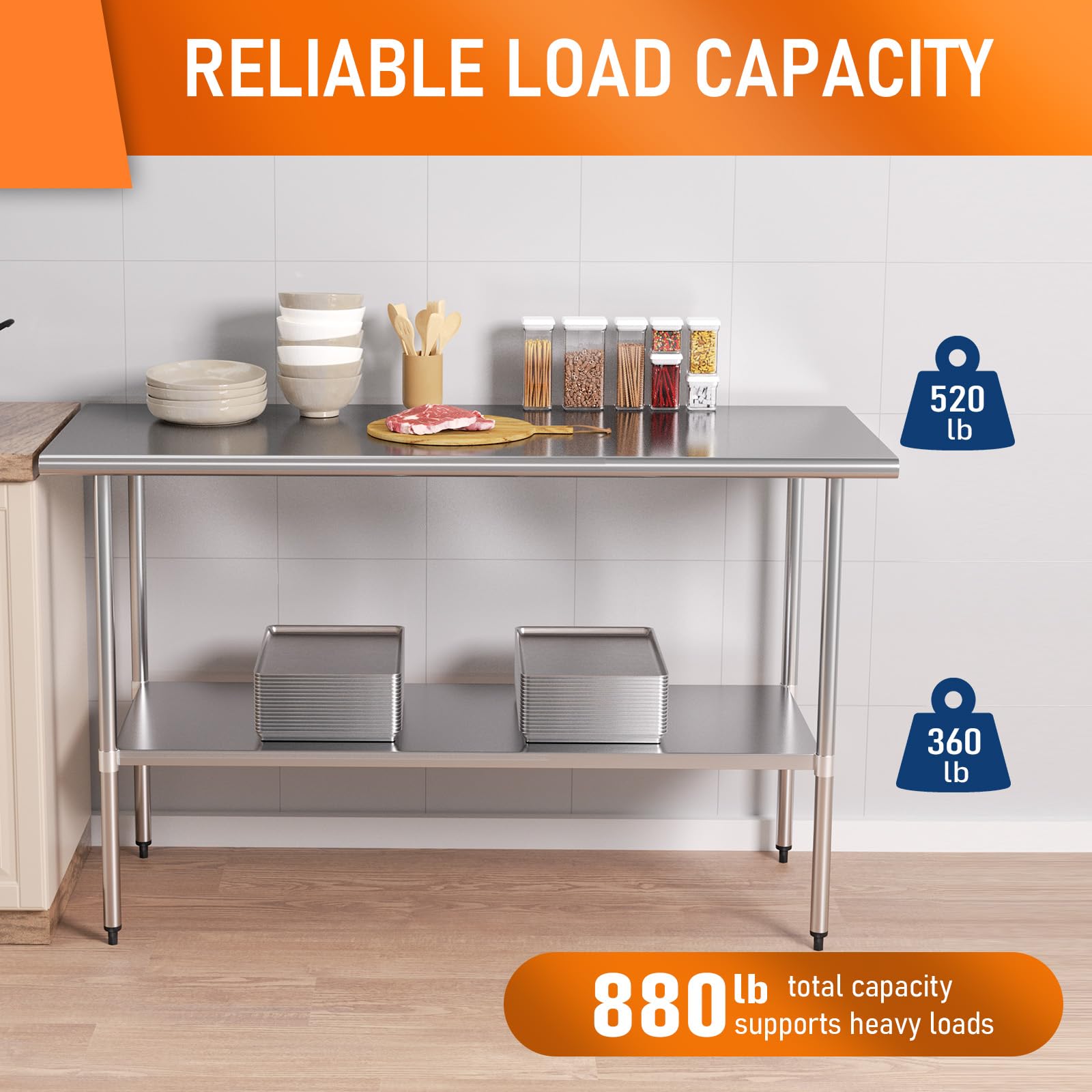 HOCCOT Stainless Steel Table for Prep & Work 24" X 60" inches with Adjustable Shelf, Commercial Workstations, Utility Table in Kitchen Garage Laundry Room Outdoor BBQ