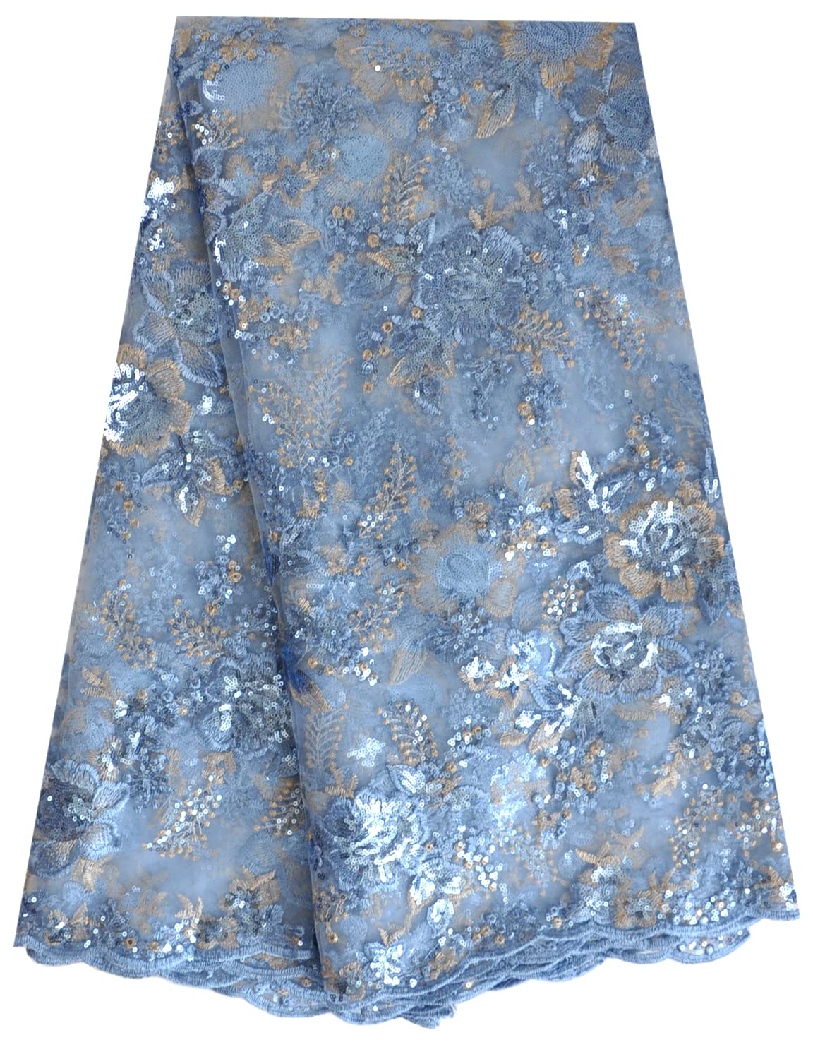 SanVera17 African Fabric Net Fabrics Sequins Embroidery Nigerian Embroidered Lace Fabric for Party Dress (Sky Blue) 5 Yards 2206-5