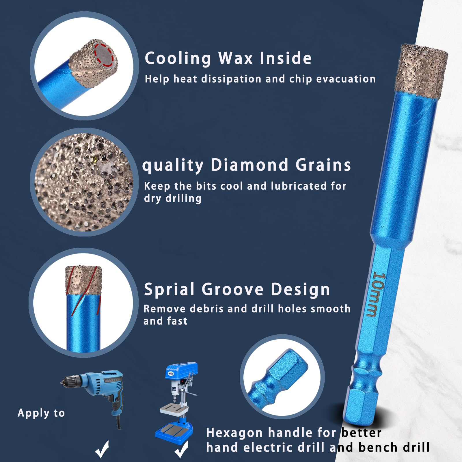FASTVENIENT Diamond Drill Bits Set,5pcs Tile Hole Saw,Diamond Hole Saw Size(3/16”,1/4”, 5/16” 3/8”, 1/2”),1/4 Inch Hex Shank for Glass,Ceramic,Porcelain,Tiles,Marble Brick,Granite,Quartz Pots,Acrylic