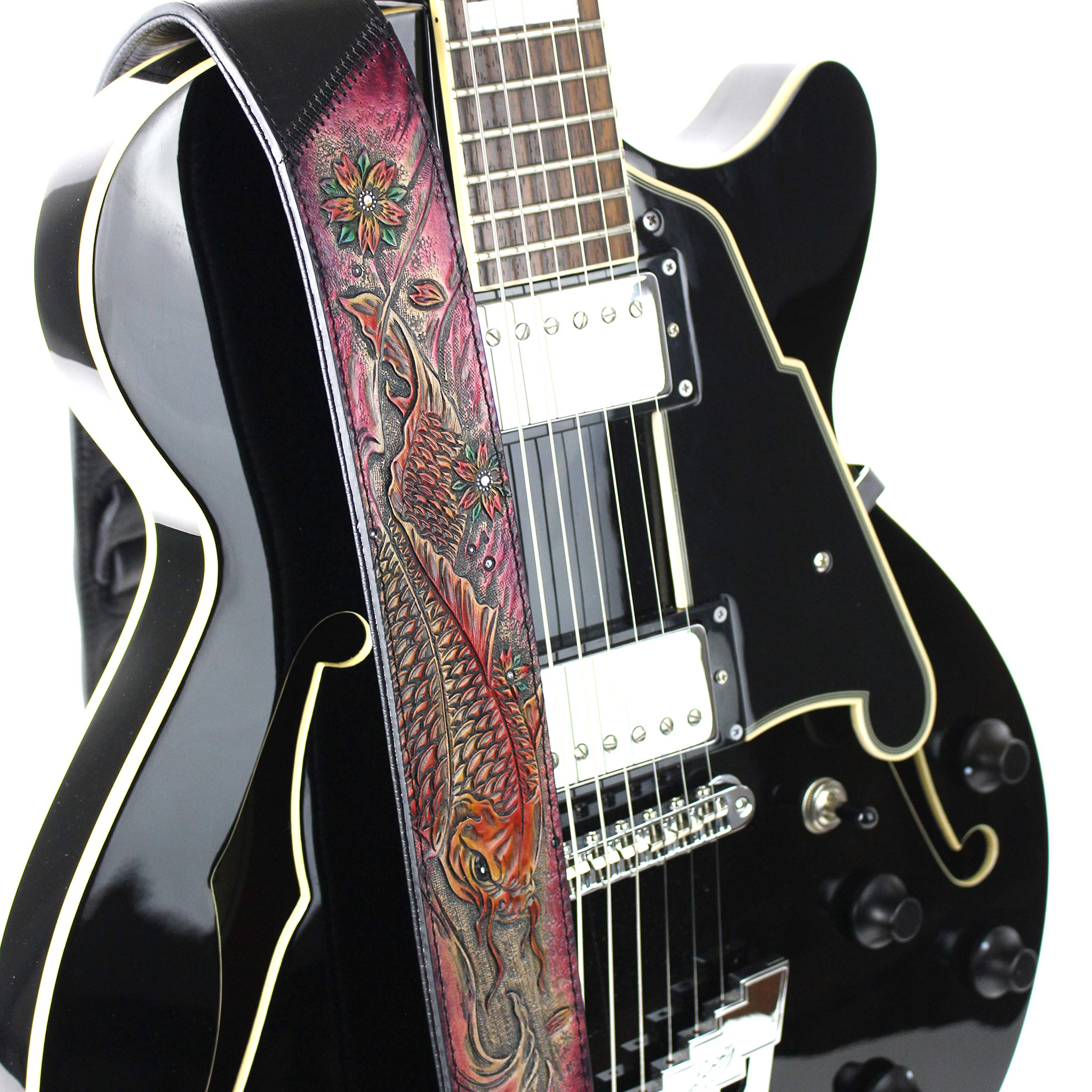 Walker And Williams KB-21 Black & Magenta Carved Grain Leather Strap W/Fire Koi Design
